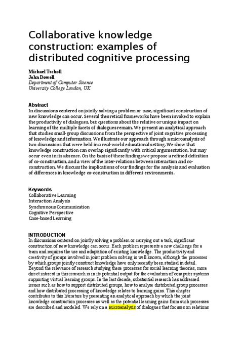 Pdf Collaborative Knowledge Construction Examples Of Distributed Cognitive Processing