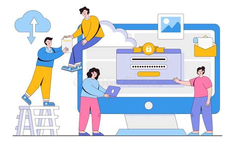 Flat Business Data Storage Recovery And Backup Concept Workers Restore Media Files Into Cloud