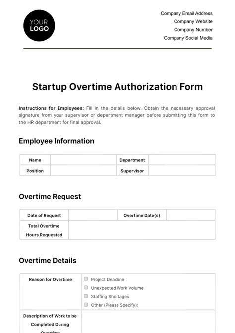 Free Startup Overtime Authorization Form Template To Edit Online