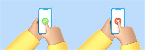 3d 만화 손은 체크 표시가 있는 스마트폰을 사용합니다 스마트폰에서 승인 및 거부합니다 체크 표시와 십자 확인 표시 아이콘은 스마트폰 화면에 체크 표시와 십자 표시가