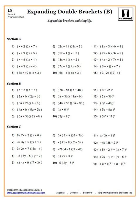 Expanding Brackets Worksheets Common Core Worksheets