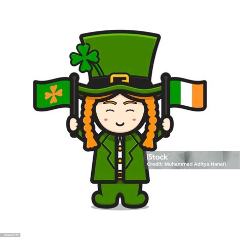 귀여운 레프러콘 세인트 패트릭 데이 캐릭터 들고 아일랜드 국기 만화 벡터 아이콘 일러스트 레이 션 3월에 대한 스톡 벡터 아트 및 기타 이미지 Istock