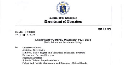 Educnation Deped Order No 010 S 2023 Amendment To Deped Order No 03 S 2018 Basic