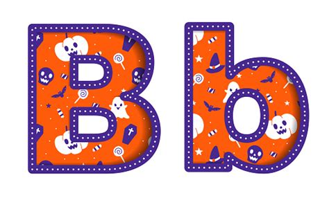 귀여운 해피 할로윈 B 알파벳 자본 작은 편지 파티 글꼴 타이포그래피 캐릭터 만화 무시 무시한 공포 다채로운 종이 컷 아웃 유형 디자인 축하 벡터 일러스트 레이 션 해골