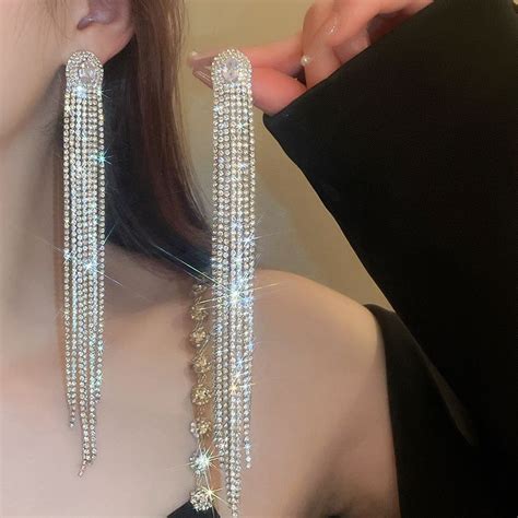 Needle Artificial Pearl Full Diamond Triangle Earrings Long Tassel