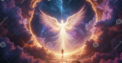 Majestic Angelic Being Surrounded By Ethereal Clouds And Light Soul Journey Protection Stock
