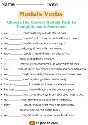 Modals Verbs Exercises With Answers In English