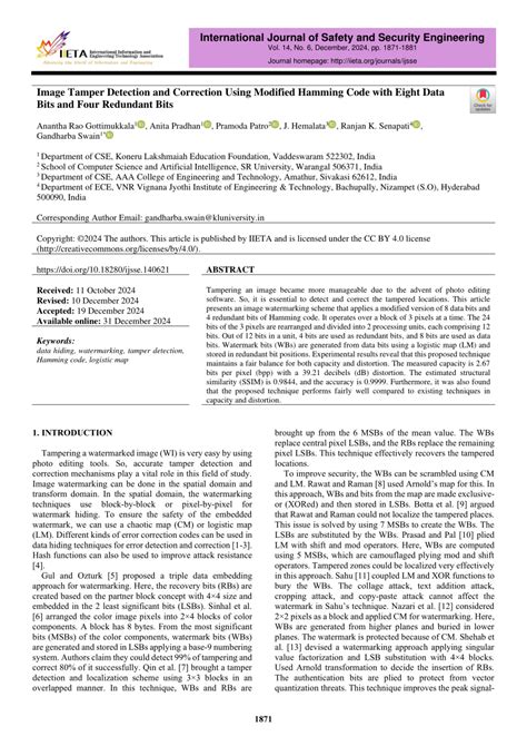 Pdf Image Tamper Detection And Correction Using Modified Hamming Code With Eight Data Bits And