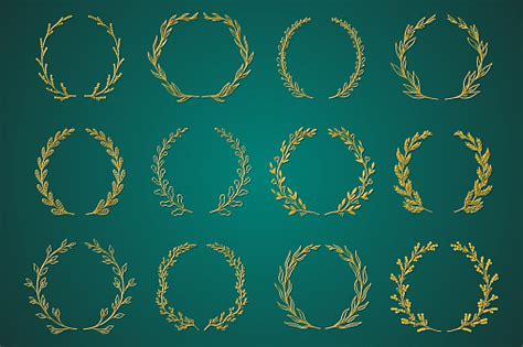 손으로 그린 디자인으로 설정된 금 장식용 가지 화환 로렐은 화환과 장식용 가지 번들을 남깁니다 다른 허브 나뭇 가지 꽃 및 식물