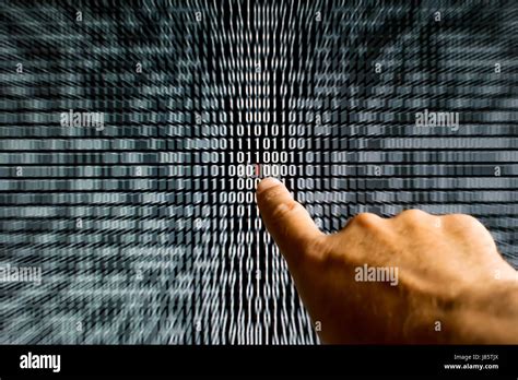 Finger Pointing At A Red Bit Figuring A Bug A Binary Code On A Screen