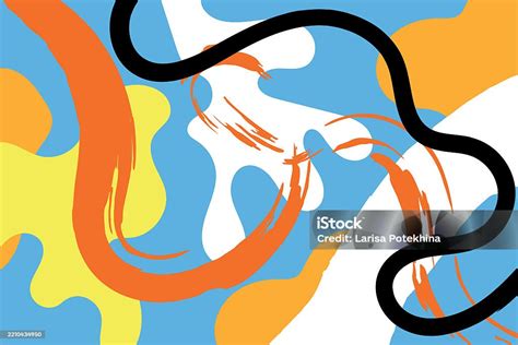 손으로 그린 다채로운 물결 모양의 선과 페인트 브러시 스트로크가 있는 추상적인 수평 배경 포스터 웹 배너 인쇄 표지 벽 예술을 위한 다채로운 디자인 템플릿 0명에 대한 스톡