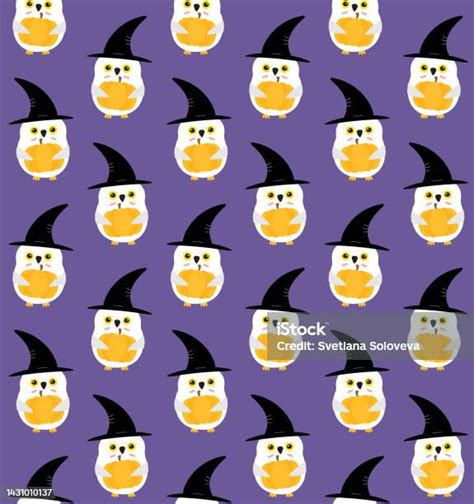 호박과 모자를 가진 편평한 만화 할로윈 마녀 올빼미의 벡터 이음새가 없는 무늬 10월에 대한 스톡 벡터 아트 및 기타 이미지