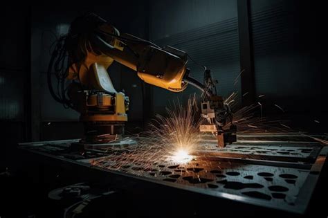 Premium Ai Image Robotic Arm Welding Together Pieces Of Metal Plate Created With Generative Ai