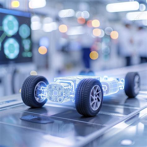 파란색 타이어가 장착된 미래형 자동차는 자율주행차이자 첨단 기술의 상징으로 설계된 테이블 위에 전시되어 있습니다 기술 자동차 차량 배경 일러스트 및 사진 무료 다운로드