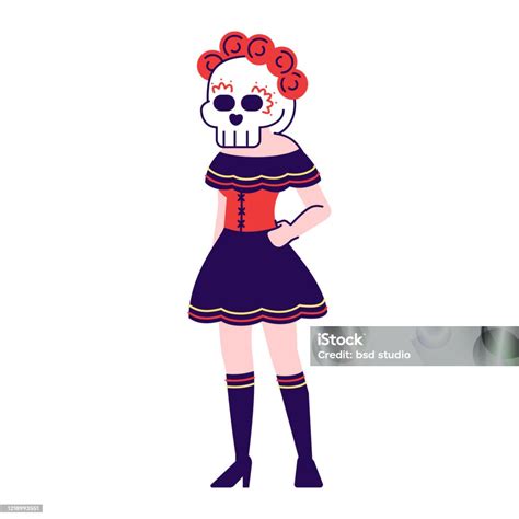 설탕 스컬 얼굴 플랫 벡터 일러스트 세트를 입고 소녀 흰색 배경에 격리 윤곽 요소와 만화 캐릭터 디아 드 로스 무에르토스 축하 의상 죽은 멕시코의 날 La Calavera