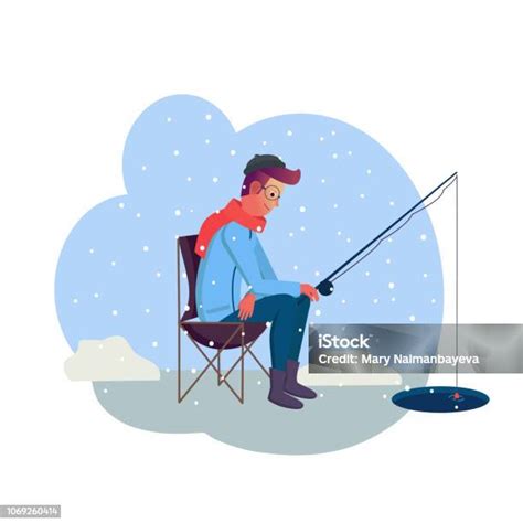 배경에 눈 겨울 낚시에 낚 싯 대를 들고 젊은 남자 평면 디자인 스타일입니다 휴일에 문자를 남자 여행 물고기에 대한 스톡 벡터 아트 및 기타 이미지 Istock