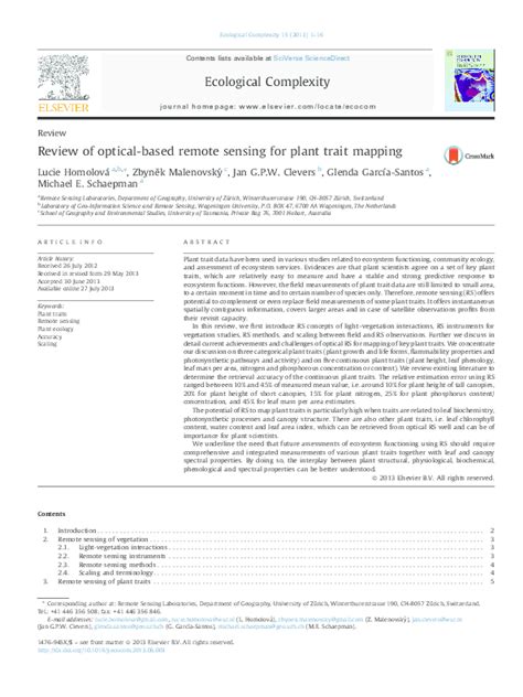 Pdf Review Of Optical Based Remote Sensing For Plant Trait Mapping