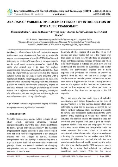 Analysis Of Variable Displacement Engine By Introduction Of Hydraulic Crankshaft Pdf