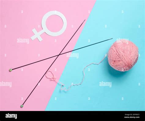 Womens Hobby Knitting Needles Ball Of Yarn Female Gender Symbol On