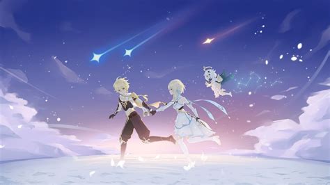 Aether Lumine Paimon Blue Starry Sky Background 4k Hd Genshin Impact