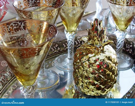 Gold Pineapple With Stem Glasses Stock Image Image Of Liquid Alcohol