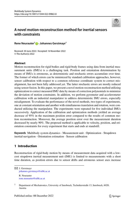 Pdf A Novel Motion Reconstruction Method For Inertial Sensors With Constraints
