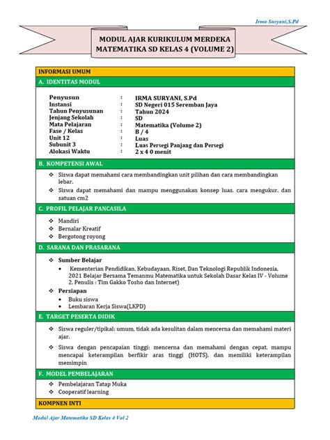 Modul Ajar Mtk Kls 4 Irma Suryani Sdn 015 Seremban Jaya Pdf