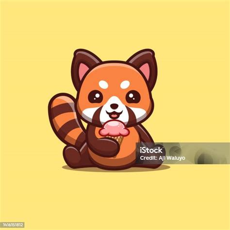 레드 팬더 앉아있는 아이스크림 귀여운 크리에이 티브 카와이 만화 마스코트 로고 먹는 개념에 대한 스톡 벡터 아트 및 기타 이미지