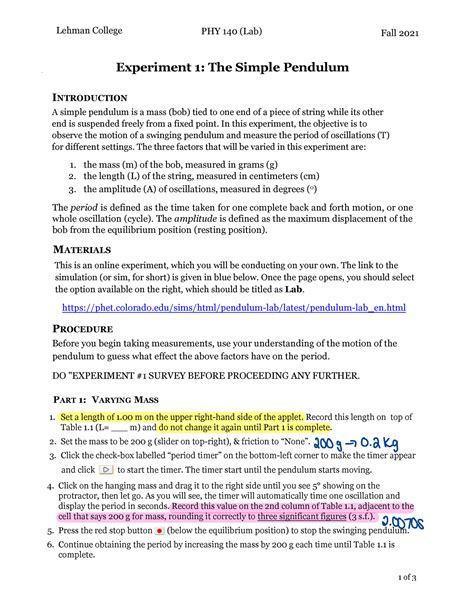 PHY Pendulum F Simple Pendulum Assignment With Instructions And Materials Needed Notes