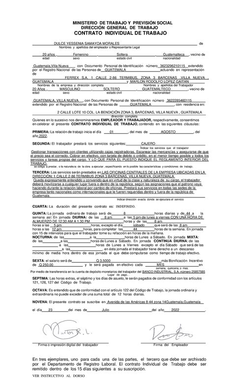 Contrato De Trabajo Ministerio De Trabajo Y PrevisiÓn Social