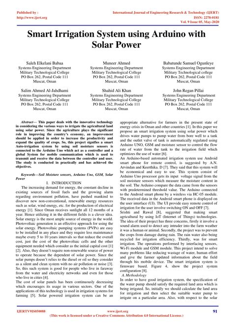 Pdf Smart Irrigation System Using Arduino With Solar Power