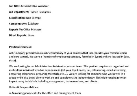 Administrative Assistant Job Description Free Template