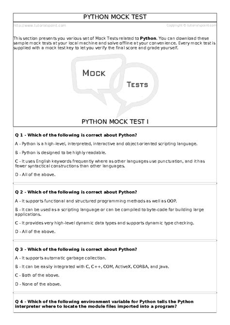 Python Mock Test Tutorialspoint Copyright © Tutorialspoint Python Mock Test Python Mock Test