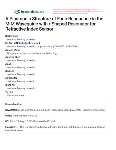 Pdf A Plasmonic Structure Of Fano Resonance In The Mim Waveguide With R Shaped Resonator For
