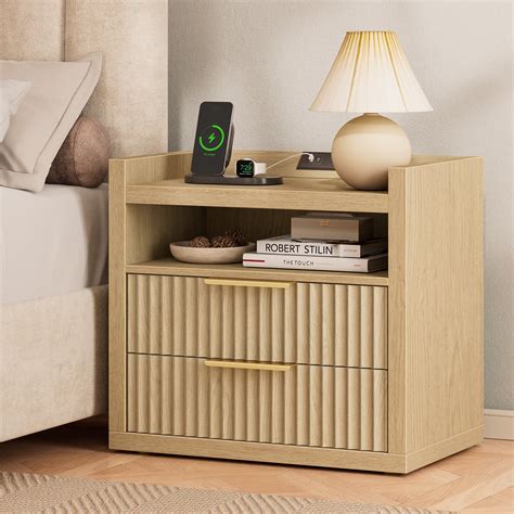 Satifur Modern Fluted Nightstand With Charging Station And 2 Storage