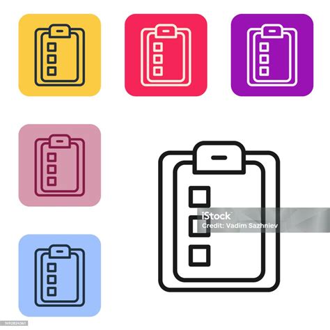 검은 선 온라인 퀴즈 테스트 설문 조사 또는 체크리스트 아이콘은 흰색 배경에 분리되어 있습니다 시험 목록 전자 교육 개념입니다 색상 사각형 버튼으로 아이콘을 설정합니다 벡터