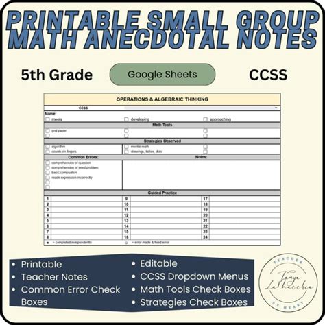 5th Grade Anecdotal Notes Printable Template Guided Math Ccss