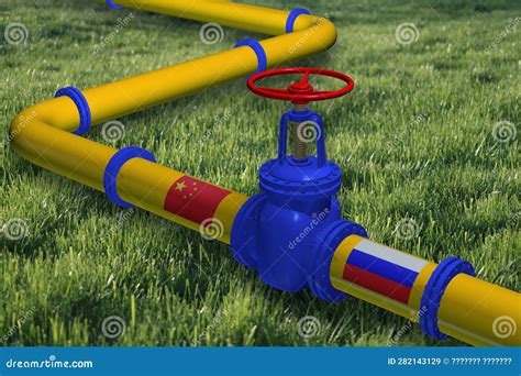 Gas Pipeline On The Green Lawn Flags Of China And Russia Stock