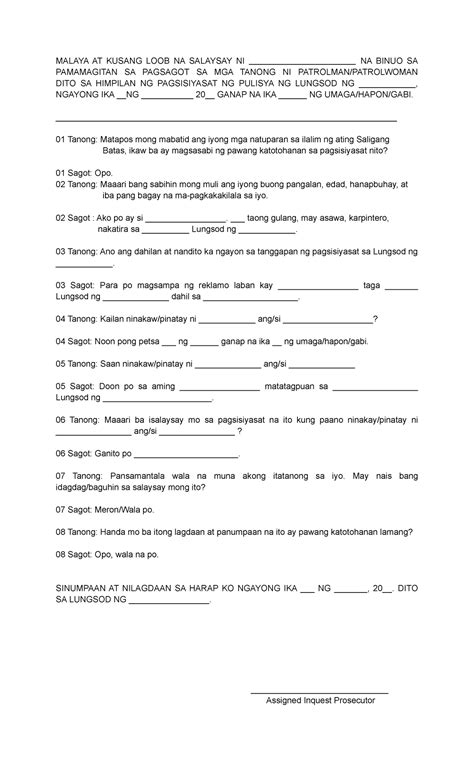Police Report Sample Template Malaya At Kusang Loob Na Salaysay Ni