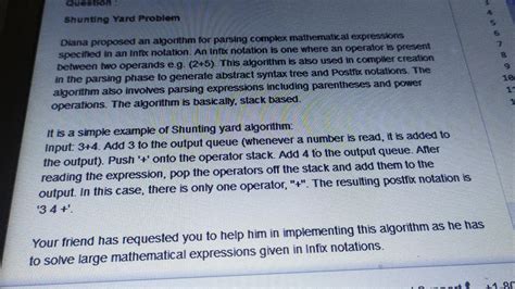 Solved Shunting Yard Problem Diana Proposed An Algorithm For