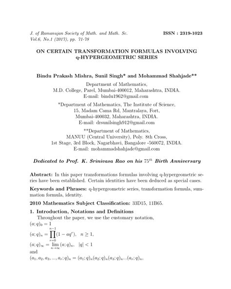 Pdf On Certain Transformation Formulas Involving Q Hypergeometric Series