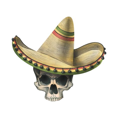 Front View Human Skull Wearing A Sombrero Hat Hand Drawn Watercolor Illustration For Day Of The