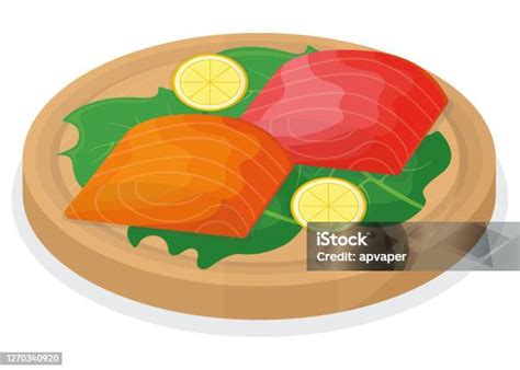 조각 생선 참치 연어 흰색 만화 벡터 일러스트에 고립 나무 부엌 보드에 신선한 스테이크 안심 건강한 지방 해산물 물건 아이콘 음식 개념에 대한 스톡 벡터 아트 및 기타