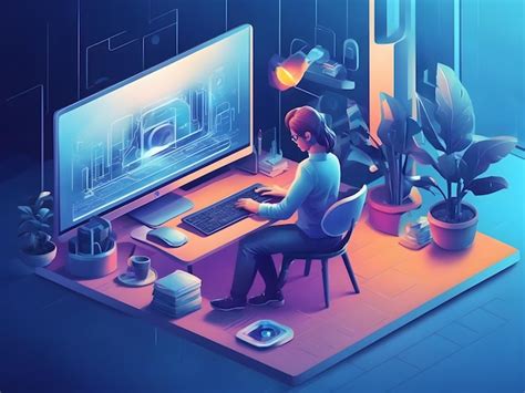 Premium Ai Image Webdesign Vector Illustration Working On Computer Isometric Concept Blue