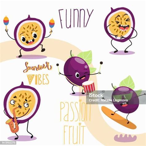 5 재미있는 열정 과일 만화 캐릭터 서핑 악기 및 레터링의 벡터 일러스트 레이 션 세트 패션프룻에 대한 스톡 벡터 아트 및 기타 이미지 Istock