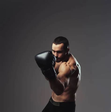 Brutal Shirtless Caucasian Sportsman Boxing Gloves Training Isolated