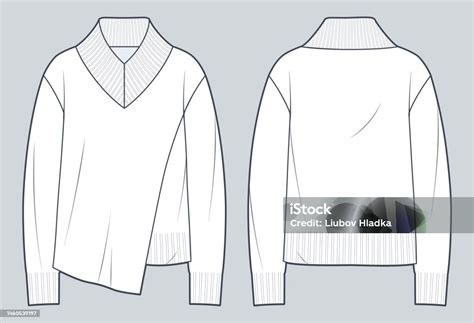 스웨터 점퍼 기술 패션 그림 비대칭 스웨트 셔츠 패션 플랫 기술 도면 템플릿 오버핏 V 넥 전면 및 후면보기 화이트 여성 남성 남녀 공용 Cad 모형 0명에 대한 스톡 벡터