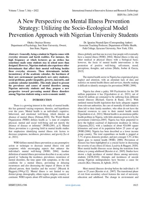 A New Perspective On Mental Illness Prevention Strategy Utilizing The Socio Ecological Model