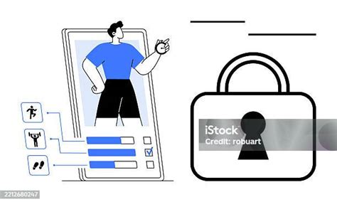 피트니스 추적 앱 인터페이스 데이터 개인 정보 보호 및 보안을 강조하는 잠금 아이콘이 있습니다 Brand Name Smart Phone에 대한 스톡 벡터 아트 및 기타