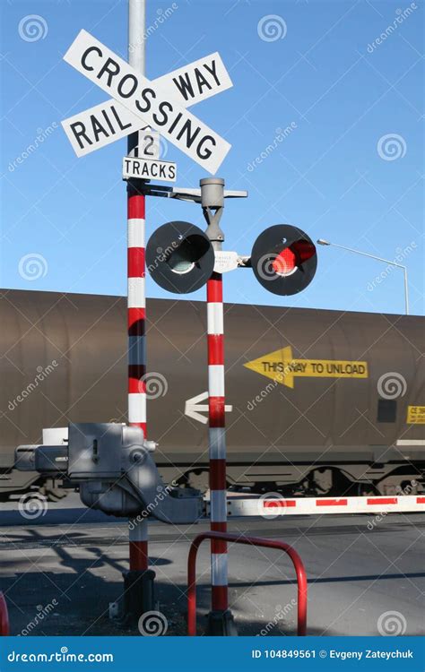 Train Passing A Railway Crossing Black Wagon Red Light Editorial